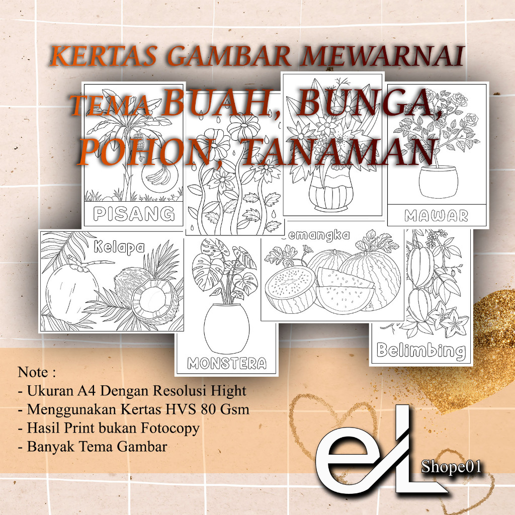 Jual 15 - 50 Lembar Gambar Mewarnai Tema BUNGA, BUAH, POHON, TANAMAN ...