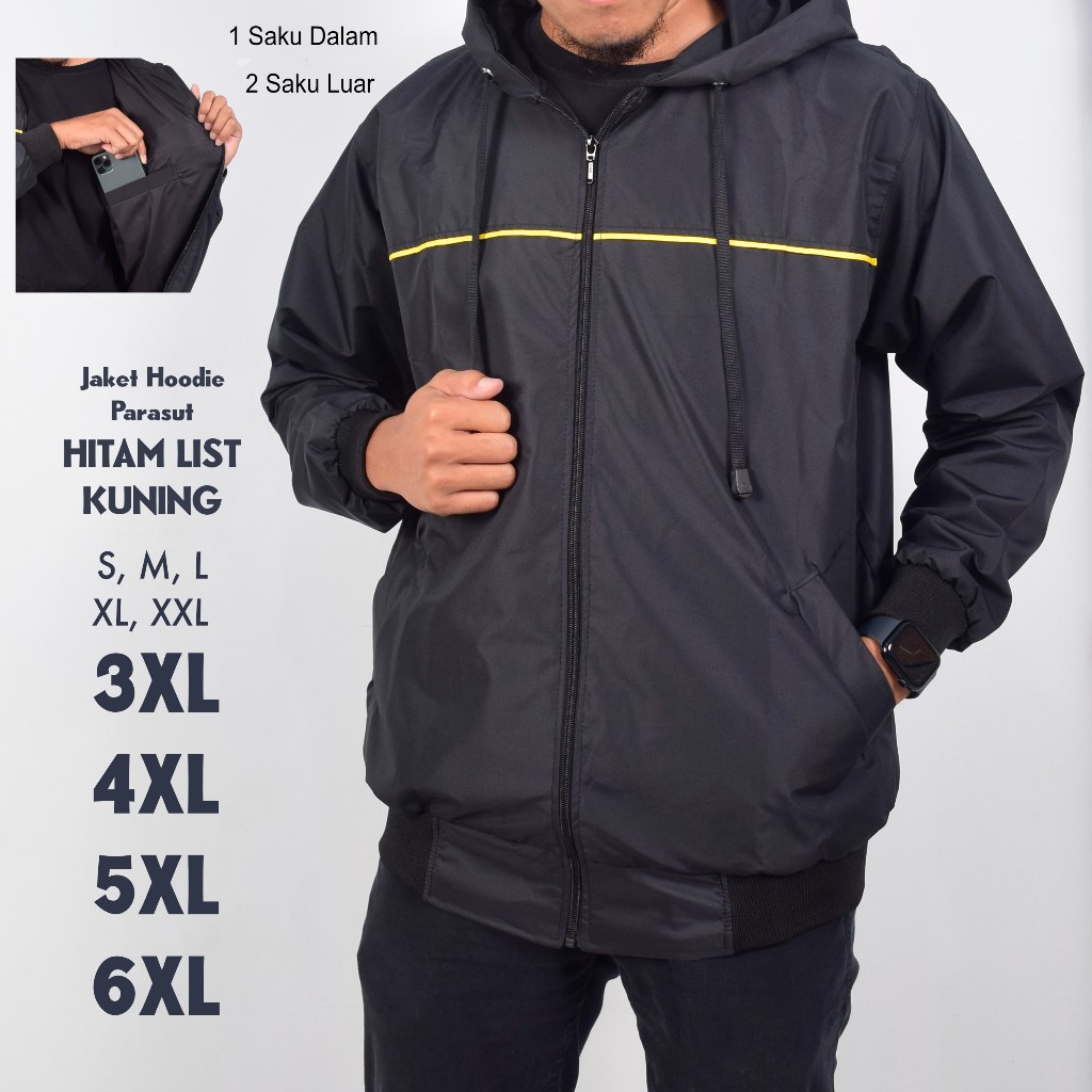 Jual Jaket Parasut Pria Motor Jumbo Hoodie Windbreaker Hitam List ...