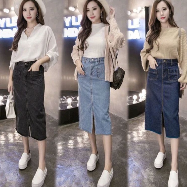 Jual GH JEANS ~ ROK JEANS HIGHWAIST CARGO MIDI KOREA ROK 7/8 / ROK ...