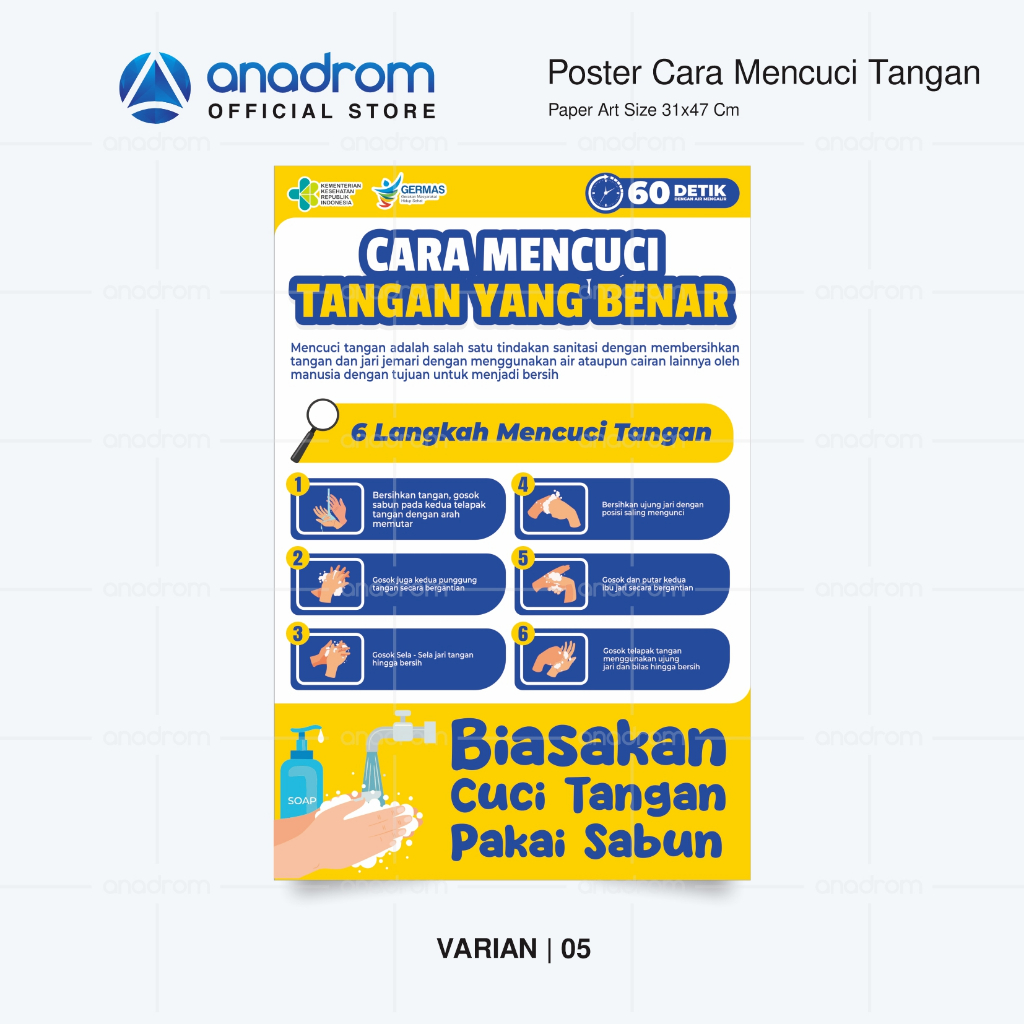 Jual Poster Langkah Mencuci Tangan Dengan Air Mengalir | Poster Promker ...