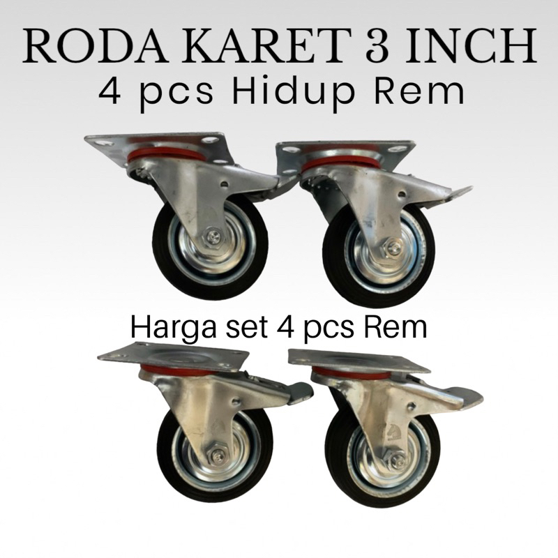 Jual Roda Troli karet 3 inch Set 4 pcs Hidup Rem ( Ada rem semua ) Roda ...