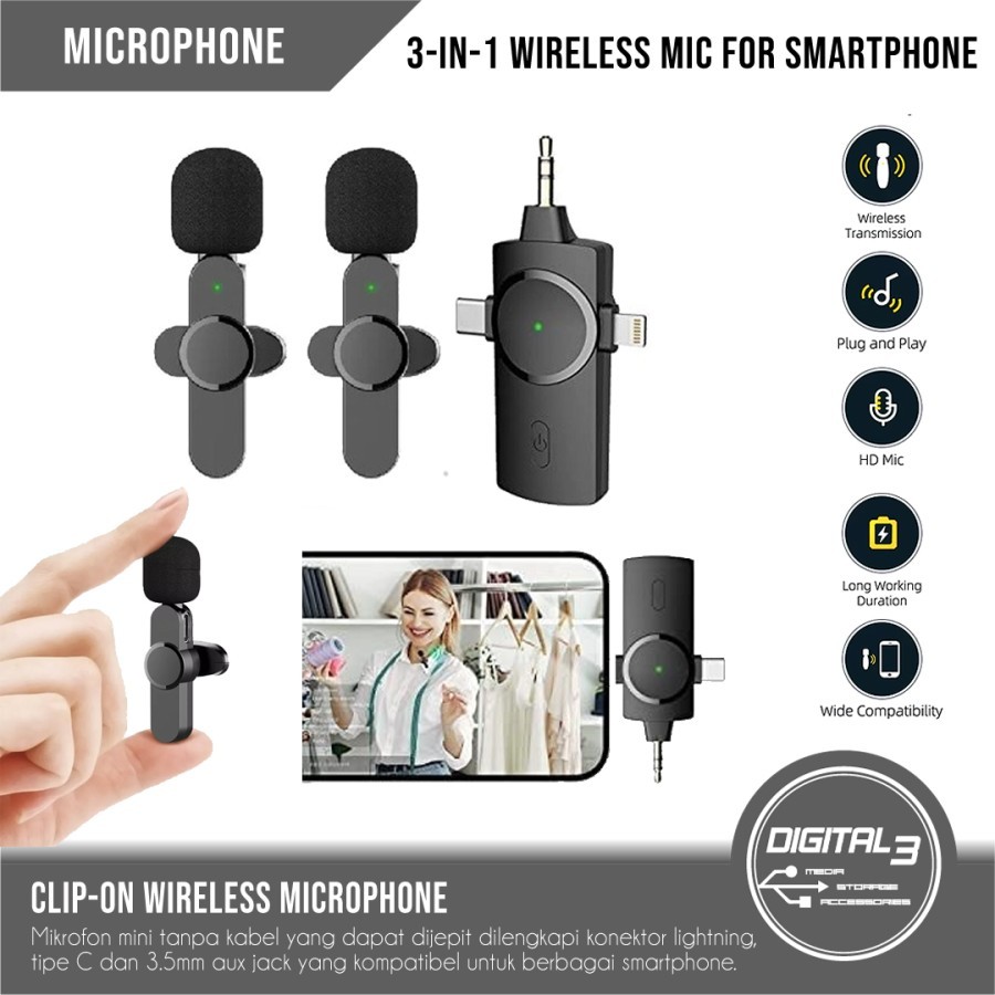 Jual Wireless Microphone 3 in 1 Clip On Mic Lavalier For Iphone ...