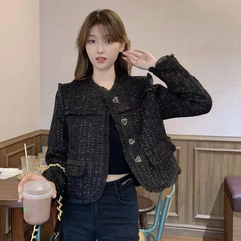 Jual The0ne_ Feminim Korean Style Tweed Blazer Ruffle With Love Buttons ...