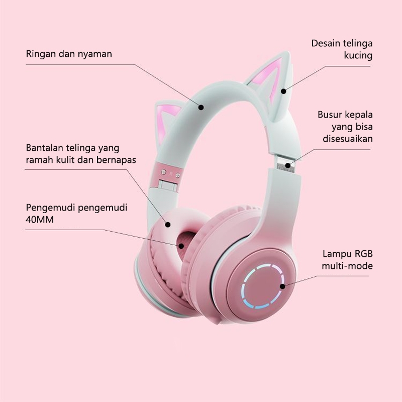 Jual Headphone telinga kucing bluetooth bass Mikrofon internal HD lucu ...