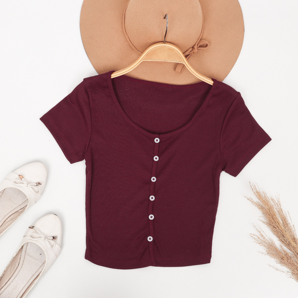 Jual Basic Round Neck Short Sleeve Button Rib Crop Top 1558 (S-XL ...