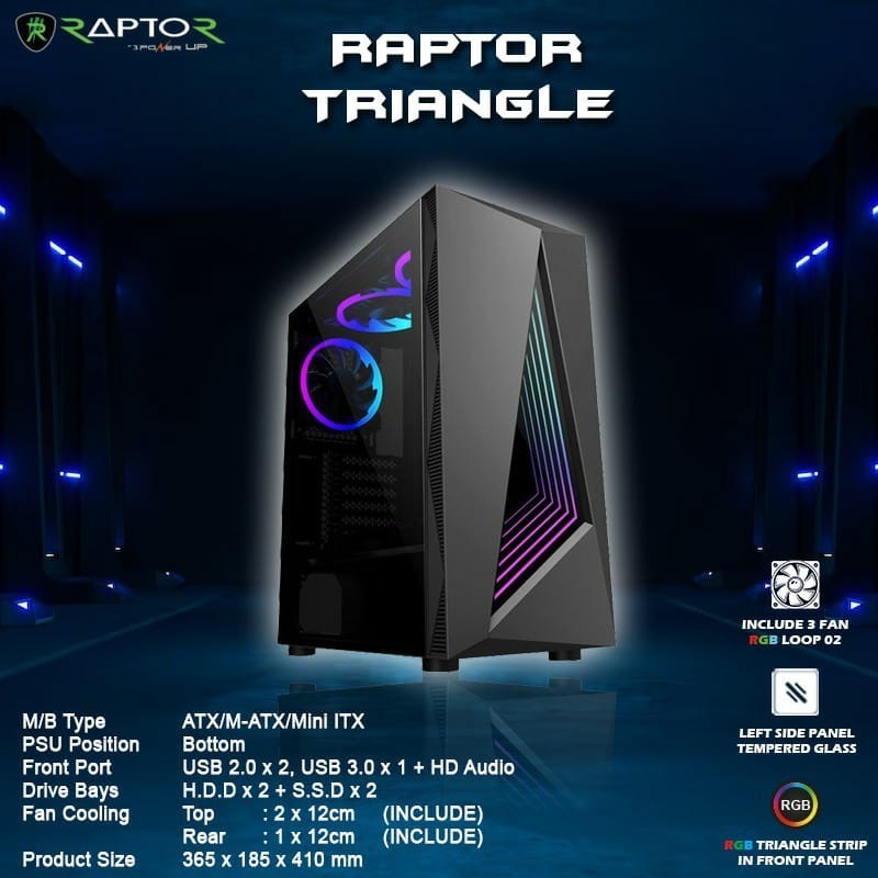 Jual Casing PC Power Up Raptor Triangle 3 Fan RGB Case | Shopee Indonesia