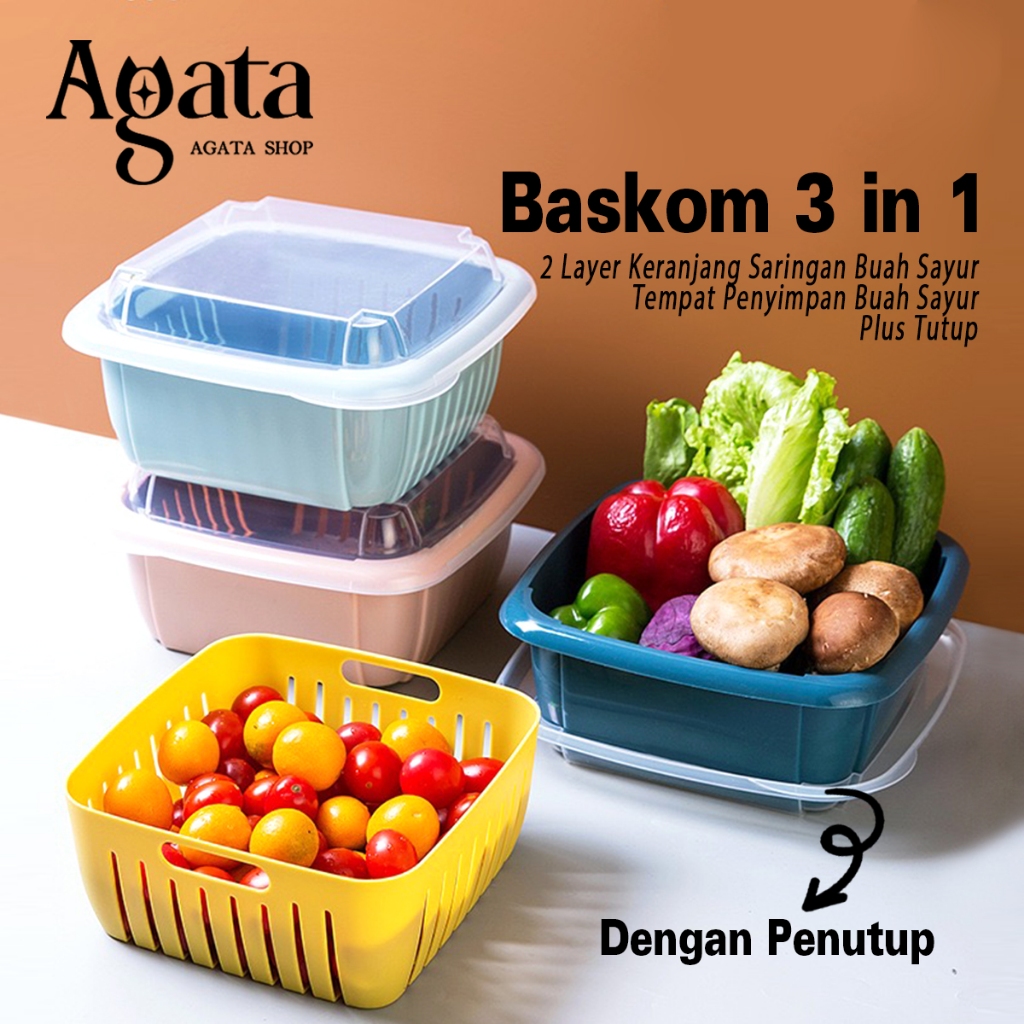 Jual Baskom 3 in 1 Multifungsi 2 Layer Keranjang Saringan Buah Sayur ...