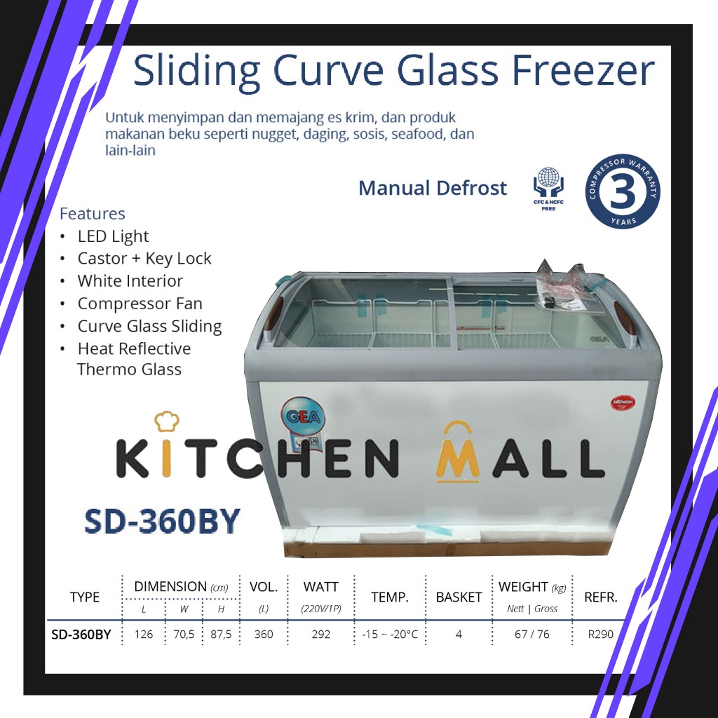 Jual GEA SD-360BY sliding curve glass freezer - freezer box - freezer daging nugget seafood ...
