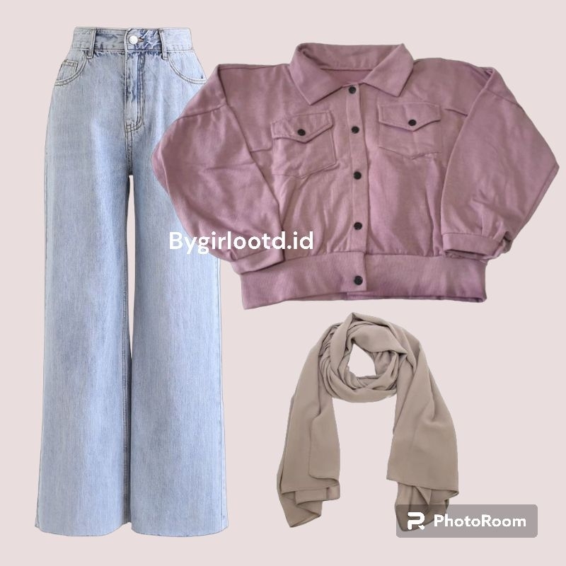 Jual One set jaket crop (jaket+jeans highwast+hijab) setelan outfit by ...