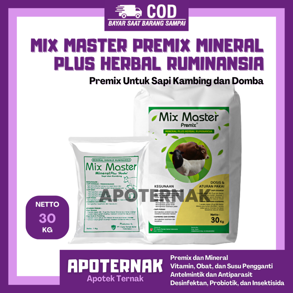Jual MIX MASTER PREMIX MINERAL PLUS HERBAL RUMINANSIA 1 Sak 30 Kg ...