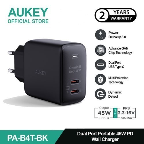 Jual AUKEY Charger Dual Port Type C 45W PA-B4T-BK GAN PD 3.0 Fast Charging | Shopee Indonesia