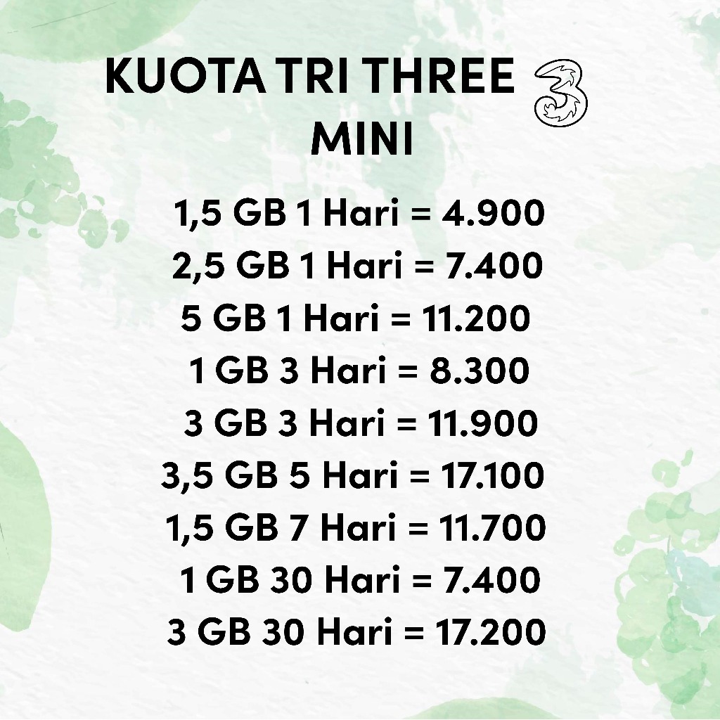 Jual Paket Internet Tri 3 Three Mini 1GB 2GB 2,5GB 3GB 3,5GB 5GB 6GB 7GB Happy Harian Hari Kuota ...