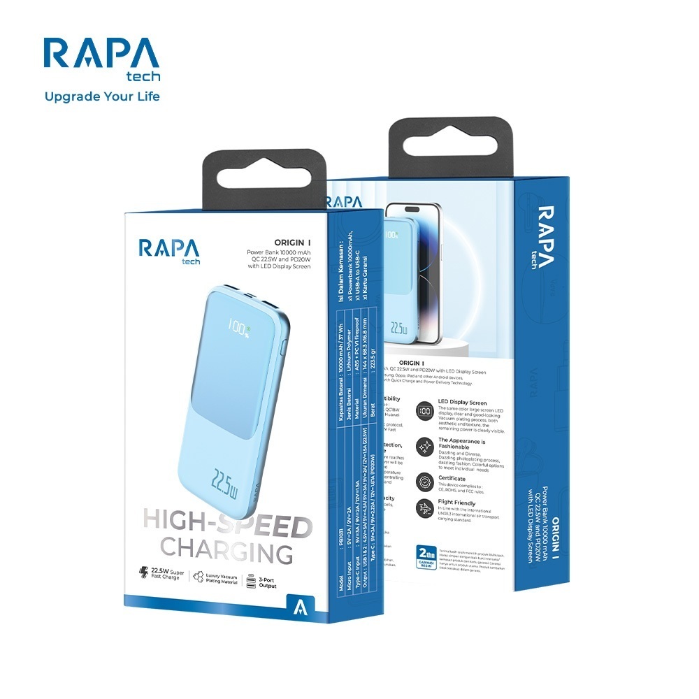 Jual RAPAtech Powerbank 10.000 mAh QC 22.5W + PD 20W with LED Display ...