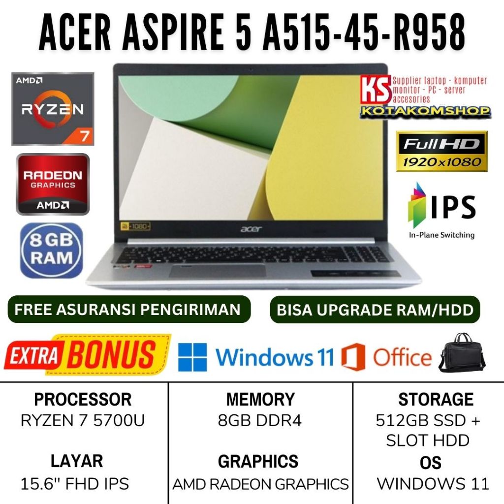 Jual FLASH SALE Laptop Acer Aspire 5 A515-45-R958 Ryzen 7-5700U ram 8gb ...
