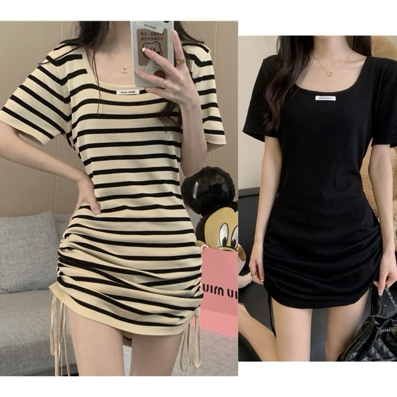 Jual MD31/22 Mini dress serut lengan pendek square neck garis garis ...
