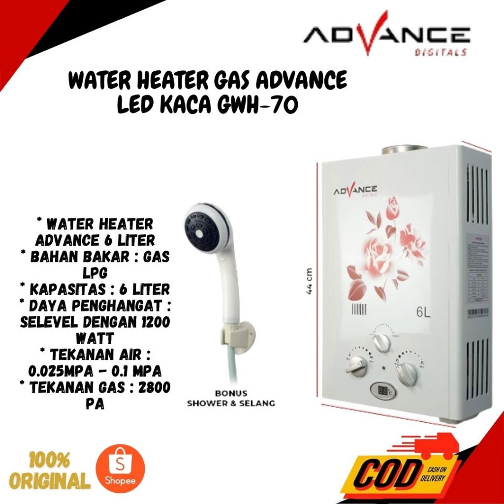 Jual WATER HEATER GAS ADVANCE LED KACA GWH-70 ALAT MANDI AIR HANGAT ...