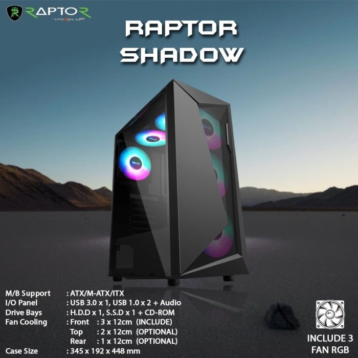 Jual Casing Komputer Gaming Power Up Raptor Shadow Black ATX include 3 ...