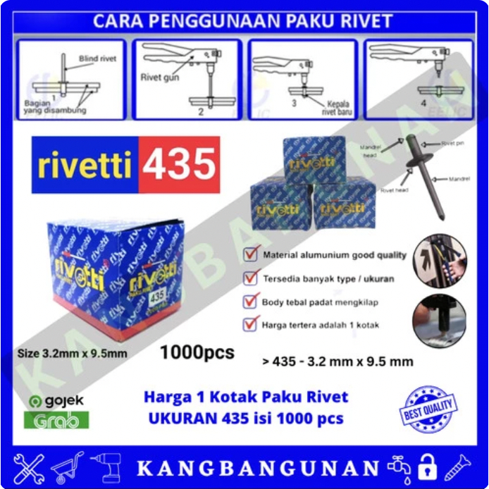 Jual Paku Rivet Rivetti 435 Size 3.2mm x 9.5mm isi 1000pcs | Shopee ...
