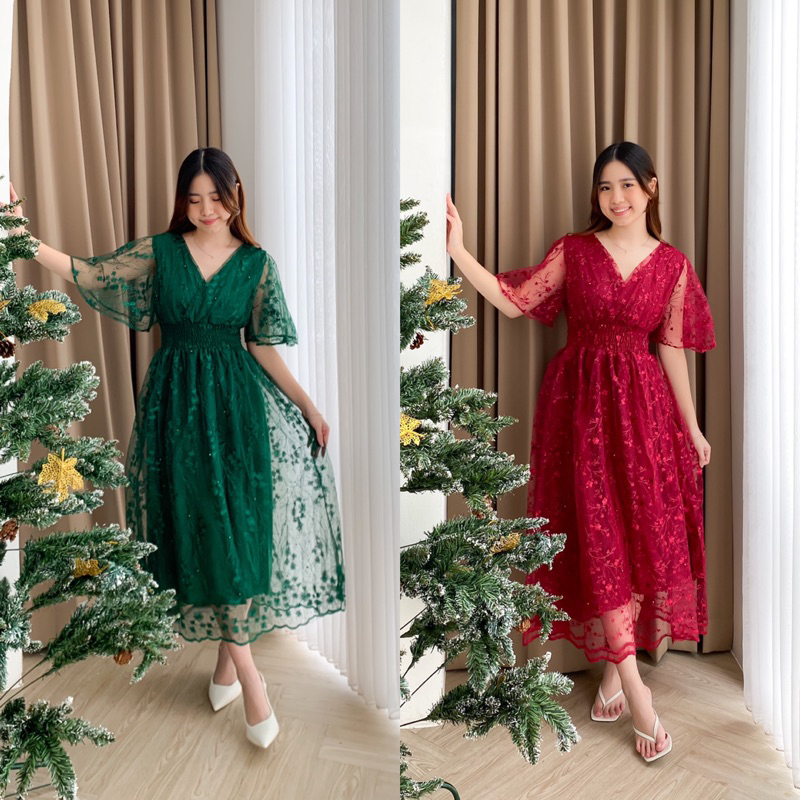 Jual Chacha Long Dress | Baju Dress Natal Christmas Maroon Emerald ...