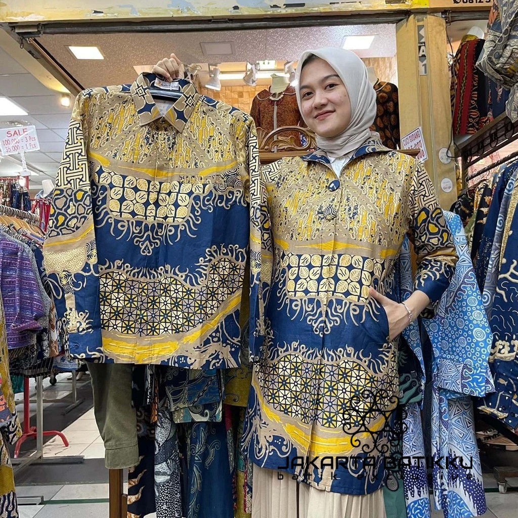 Jual Baju couple pasangan batik warna biru kuning mewah lengan panjang ...