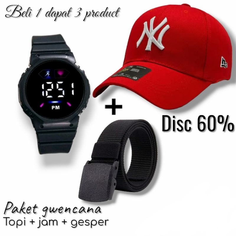 Jual PAKET GWENCANA - 3IN1 GESPER PRIA JAM LED DAN TOPI BISBOLL PRIA ...