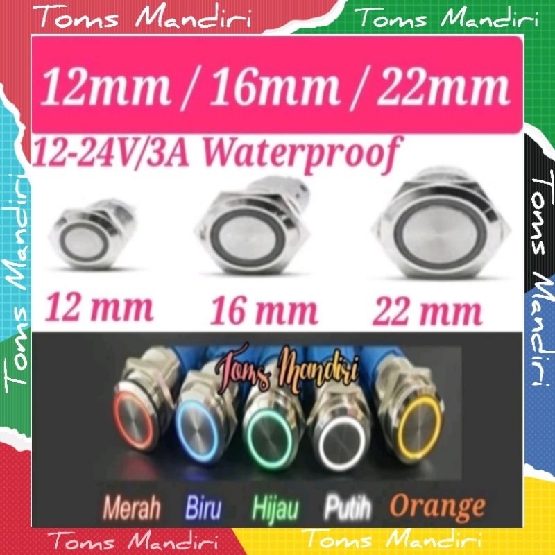 Jual Saklar LED Stainless Tombol Riset / Klakson 12/16/22MM 3A 12-24V ...