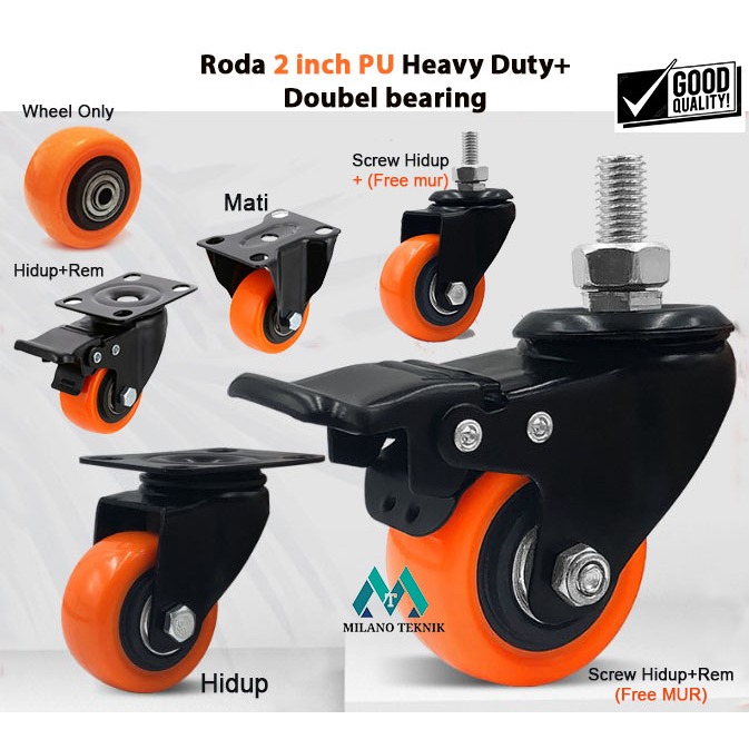 Jual Roda 2 inchi PU (Mati/Hidup/Rem/Screw/WO)Heavy Duty + Double ...