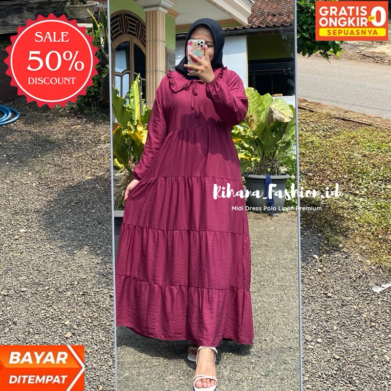Jual RIHANA | Midi Dress Polo Linen / Dress busui / Dress susun / Midi ...