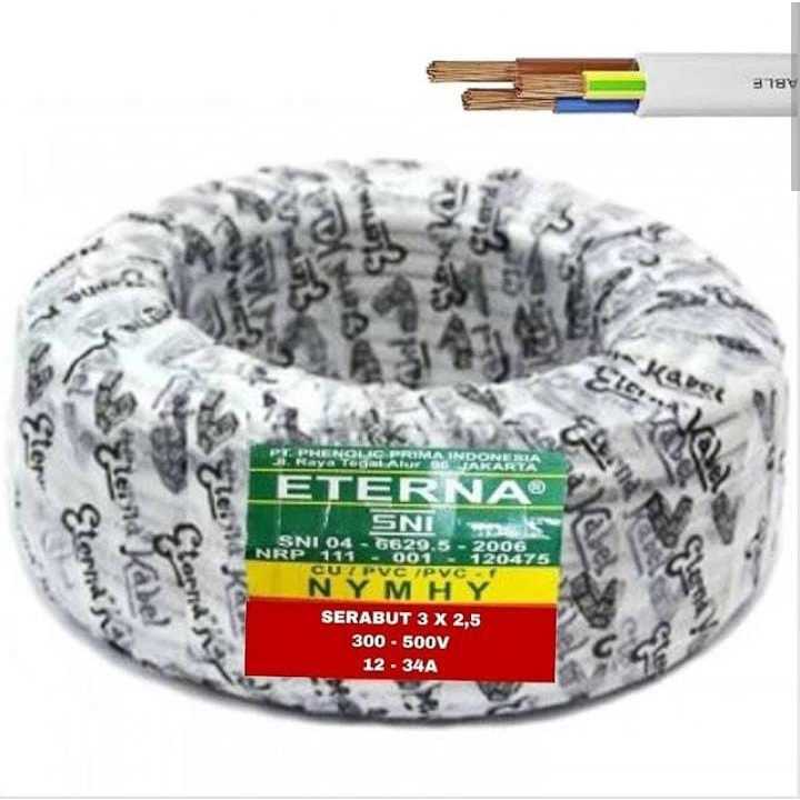 Jual Eterna Kabel NYMHY 3x2,5 Roll 100 Meter Kabel Listrik Hitam Tembaga Serabut Diameter 2,5mm ...