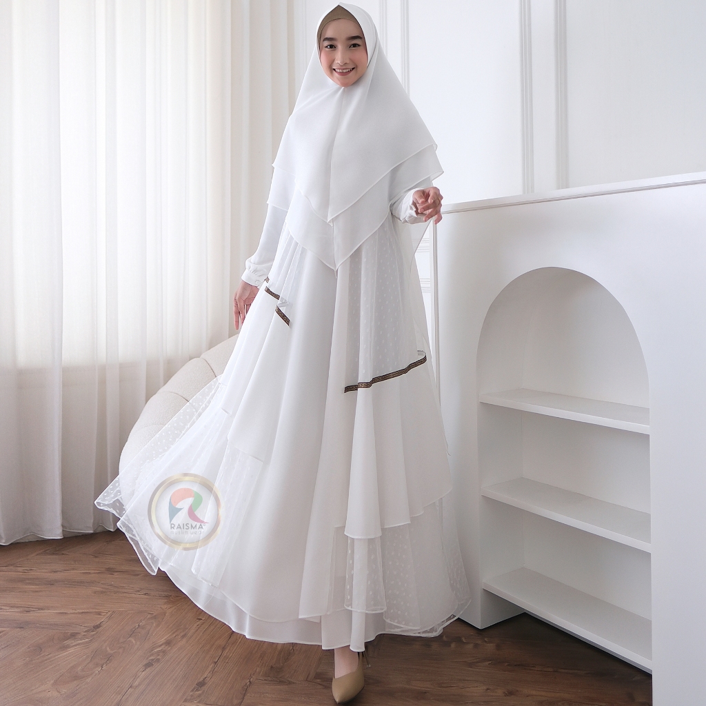 Jual Raisma - Gamis Putih Hitam Syari Set Hijab Terbaru Busana Umroh ...
