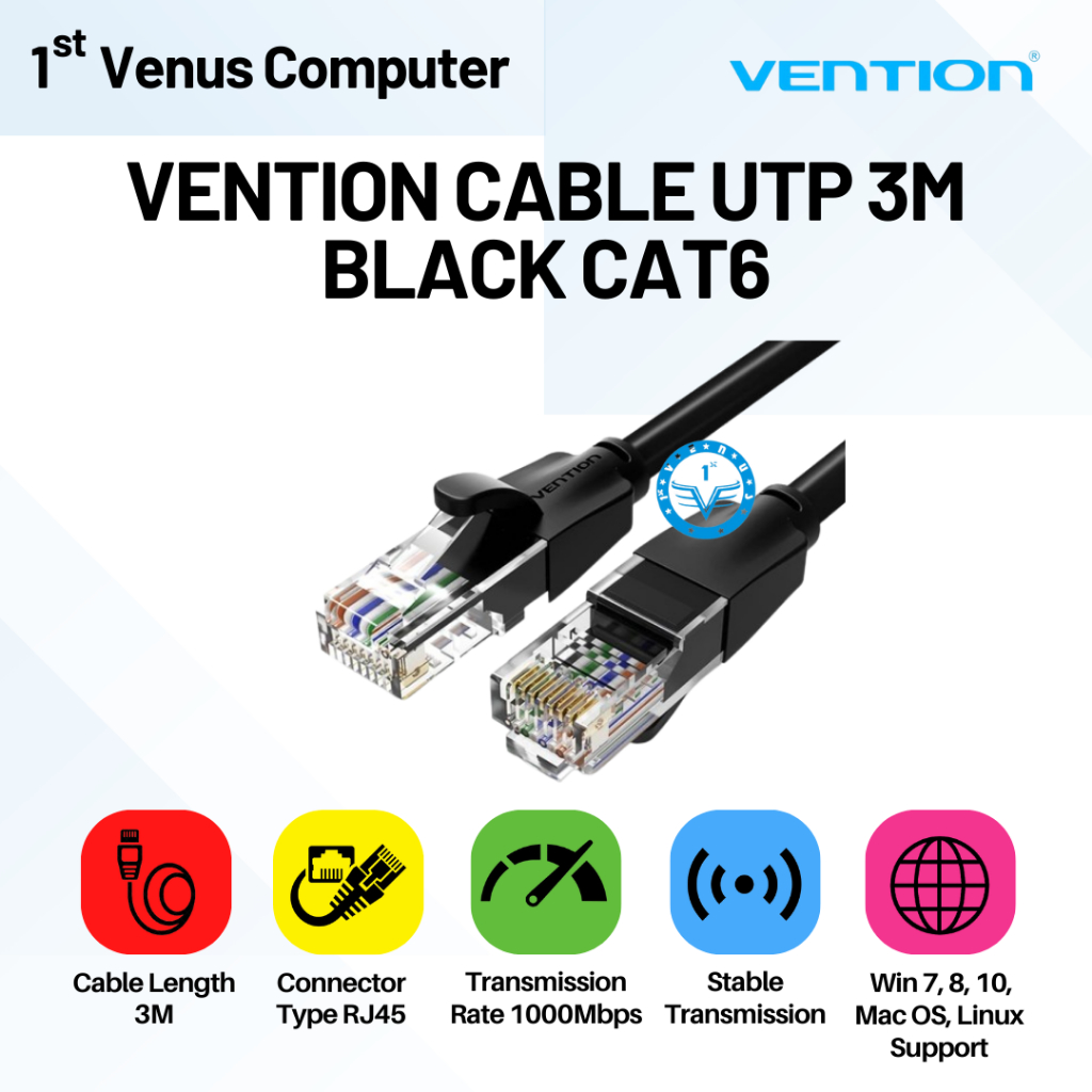 Jual VENTION CABLE UTP 3M BLACK CAT6 / KABEL LAN ETHERNET RJ45 Cat6 UTP / VEN02-UTP | Shopee ...