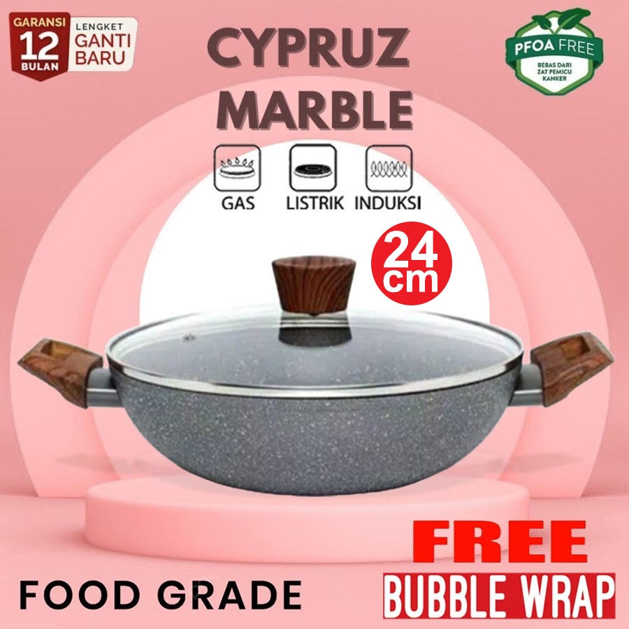 Jual Cyprus Marble Cookware Cypruz Fry Wok Pan Induksi Wajan Penggorengan Kuali + Tutup 24cm KI ...