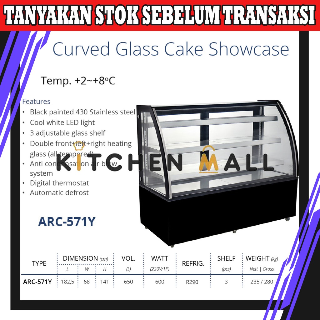 Jual Gea ARC-571Y Curved Glass Cake Showcase - Lemari Display Pendingin Kue | Shopee Indonesia