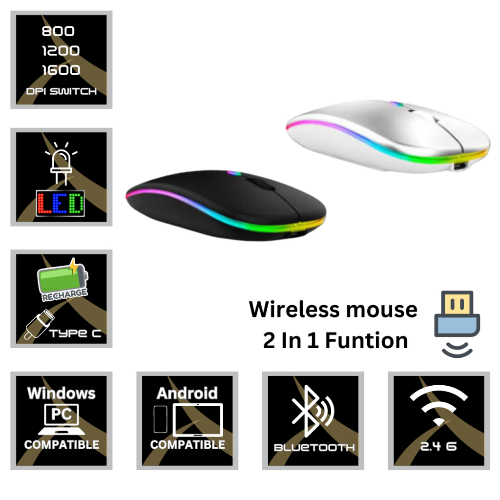 Jual Mouse Wireless Rechargeable Led RGB 2.4G+ Bluetooth 800/1200 ...