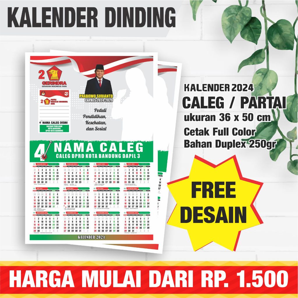 Jual CUSTOM KALENDER CALEG / KALENDER PARTAI 2024 KALENDER KAMPANYE ...