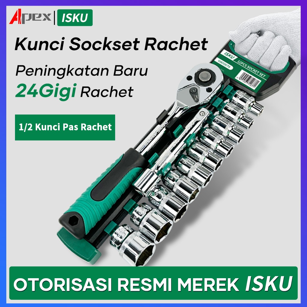 Jual ISKU kunci sok socket set 12 pcs kunci pas ratchet 1/2 inch 24gigi ...