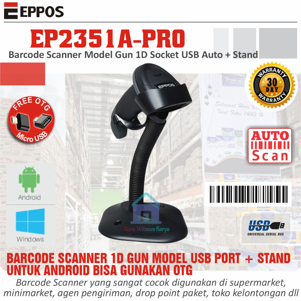 Jual FREE OTG Barcode Scanner EPPOS 1D EP2351A-PRO USB Auto Scan + Stand | Shopee Indonesia