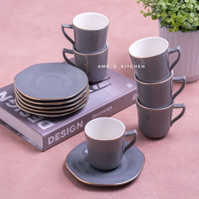 Jual Elegant tea cup set / Cangkir lepek segi keramik set abu-abu lis ...