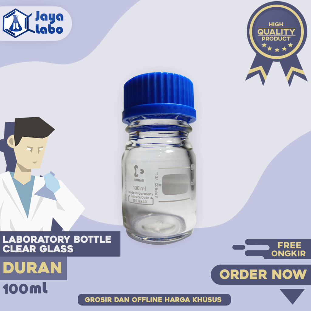Jual Lab Bottle Clear DURAN Tutup Ulir Biru Vol. 100 ml/BOTOL DURAN ...