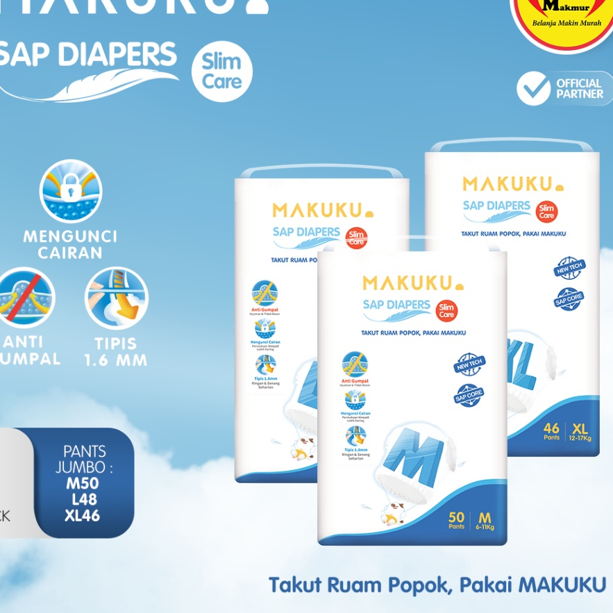 Jual MAKUKU SAP DIAPERS SLIM CARE NB54 TAPE/M50/L48/XL46 | Shopee Indonesia