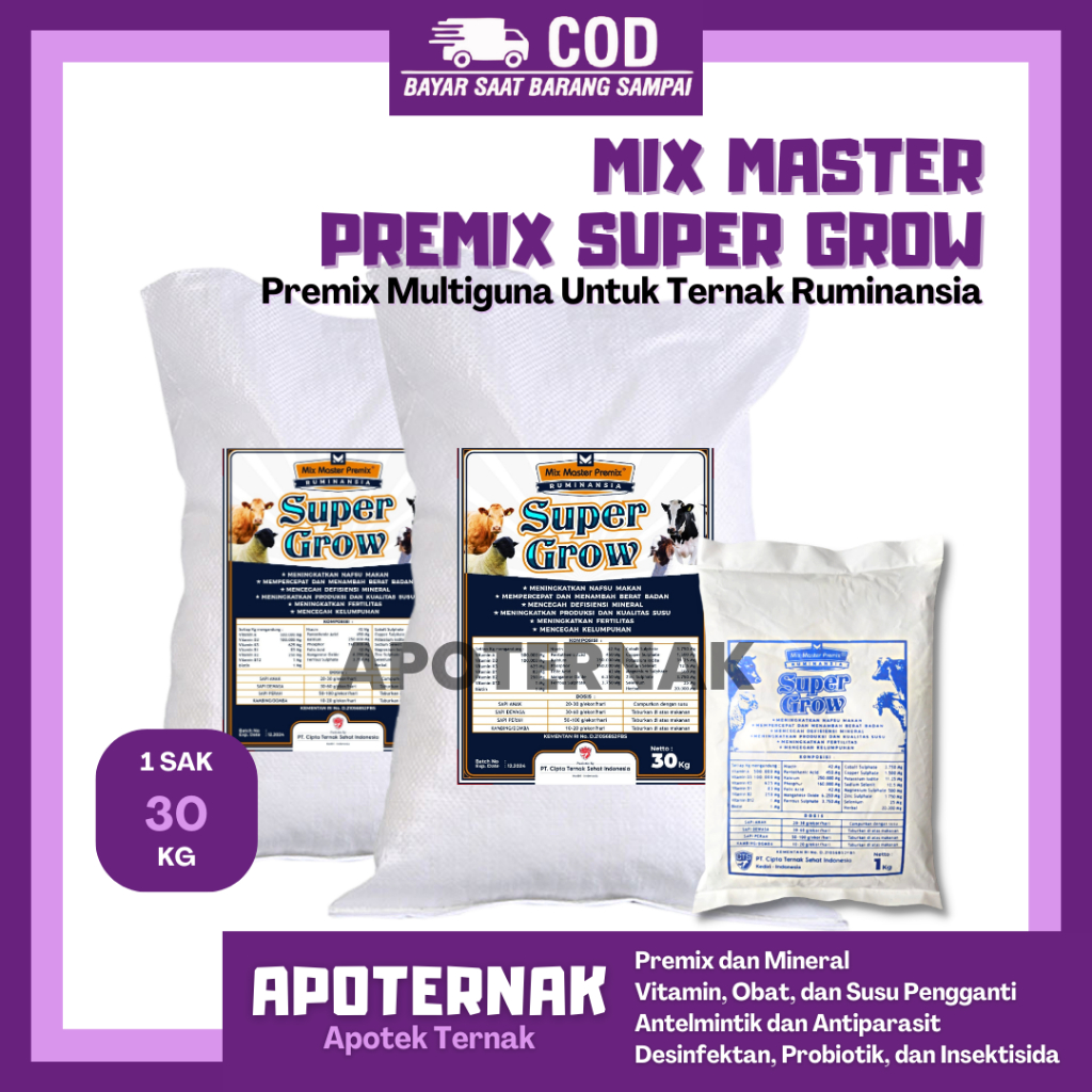 Jual MIX MASTER PREMIX SUPER GROW 30 KG - Premix Pemacu Pertumbuhan dan Produksi Susu untuk Sapi ...