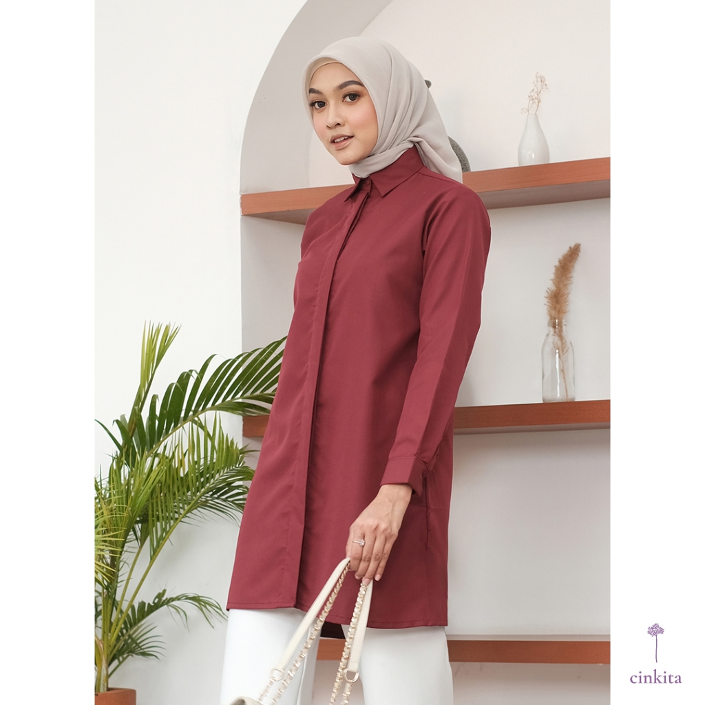 Jual Cinkita Atasan Kemeja Lengan Panjang Hijaber Daily Tunik Merah ...