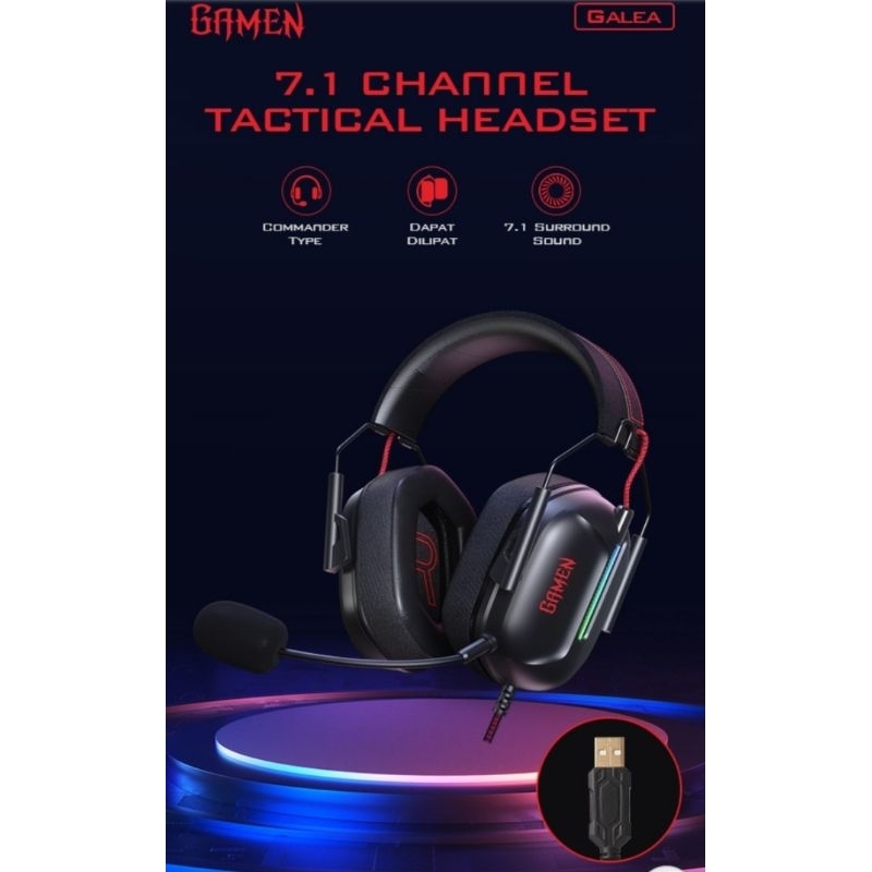 Jual Gamen Gaming Headsets Galea 7.1 Channel Tactical USB input Black ...