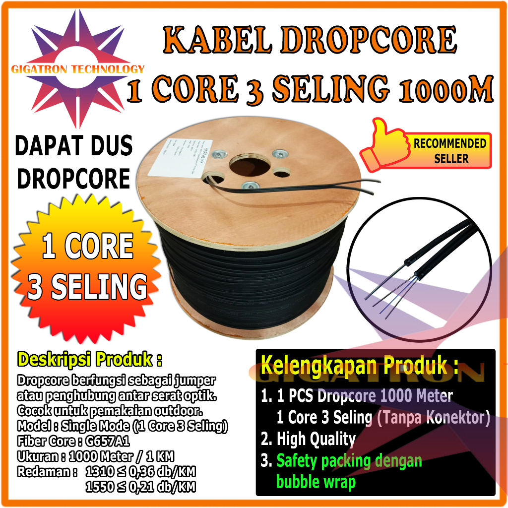Jual Kabel Fiber Optic Dropcore 1000M 1 Core 3 Seling / Kabel Fiber ...