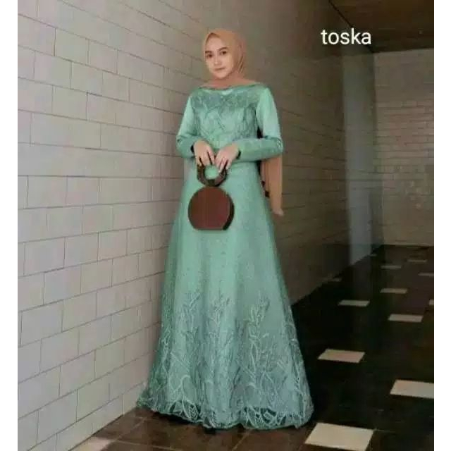Jual Aura Gown Satin Brokat Kombinasi Tile Mutiara Gamis Muslim Syar’i Viral Kekinian Baju Pesta ...