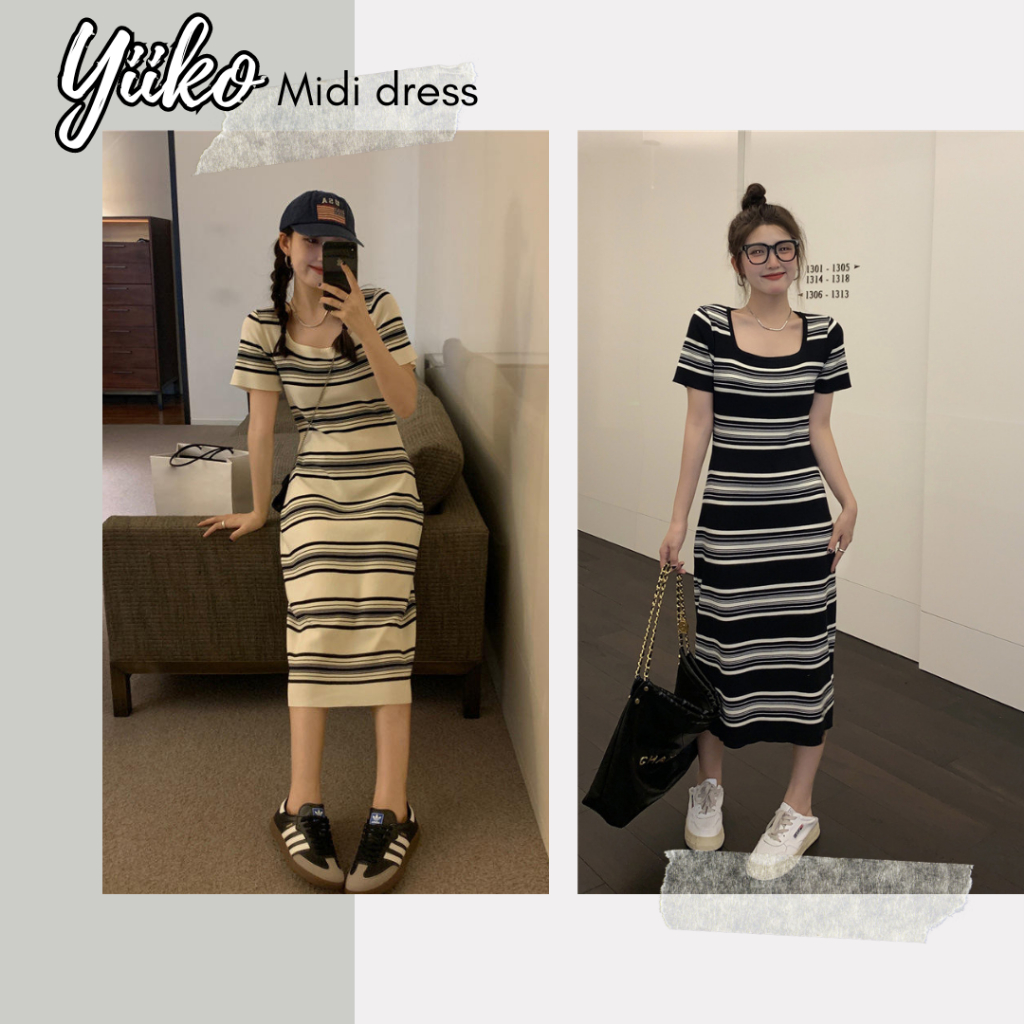 Jual Yiiko Midi dress knit bergaris rajutan korea dres rajut wanita -# ...