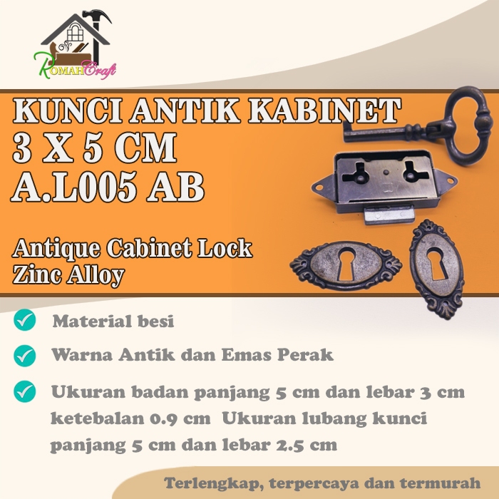 Jual Kunci Antik Kabinet 3x5 cm Antique Cabinet Lock A.L005 AB Zinc ...