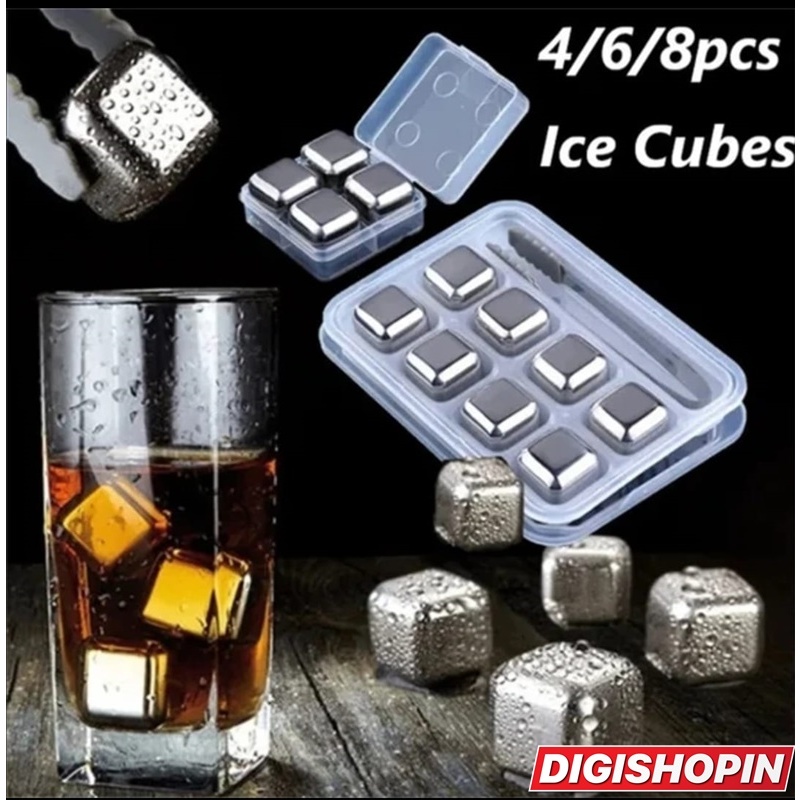 Jual Es Batu Stainless Steel Ice Cube 4/6/8 Pcs Bonus Penjapit Es ...