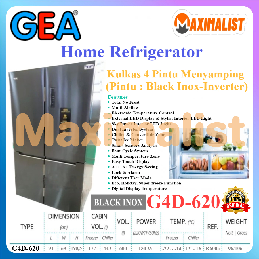 Jual Kulkas Side By Side GEA G4D-620 Inox/Black Glass Kulkas 4 Pintu Tempered Glass - Kulkas GEA ...