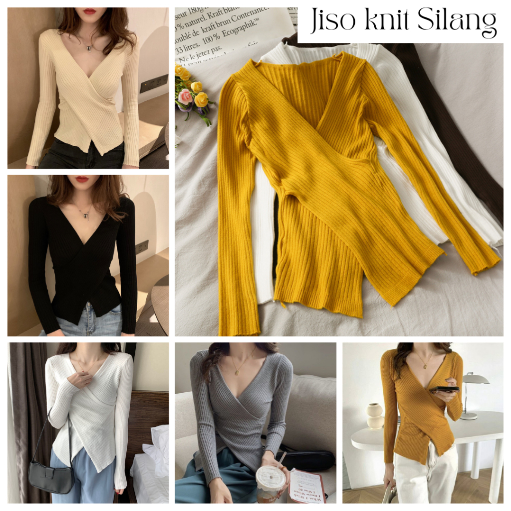 Jual Top knit Jiso Silang korean style wrap top v neck atasan rajut wanita lengan panjang -# ...